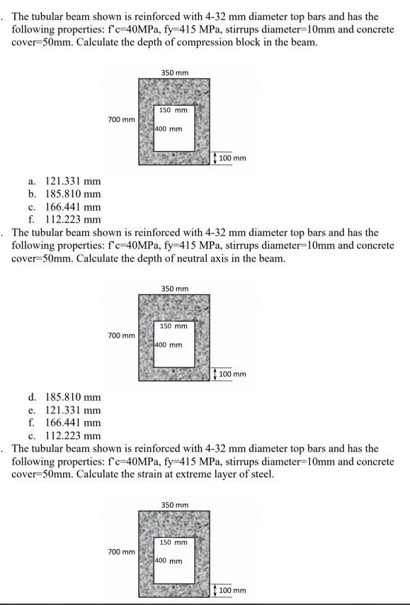 Solved The tubular beam shown is reinforced with 4-32 mm | Chegg.com