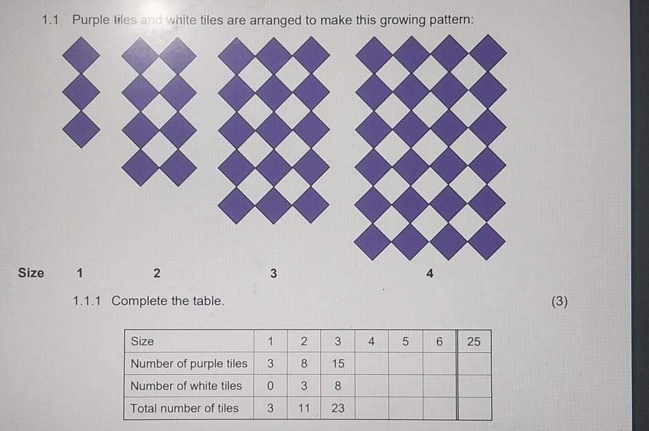 Solved 1 Purple tiles and white tiles are arranged to make | Chegg.com