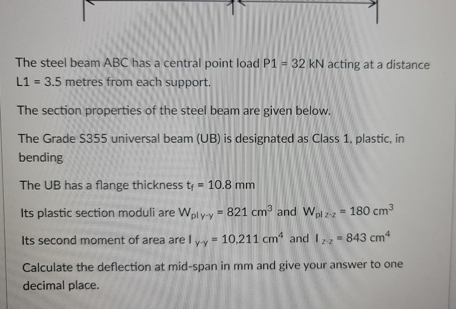 Solved CThe steel beam ABC has a central point load P1=32kN | Chegg.com