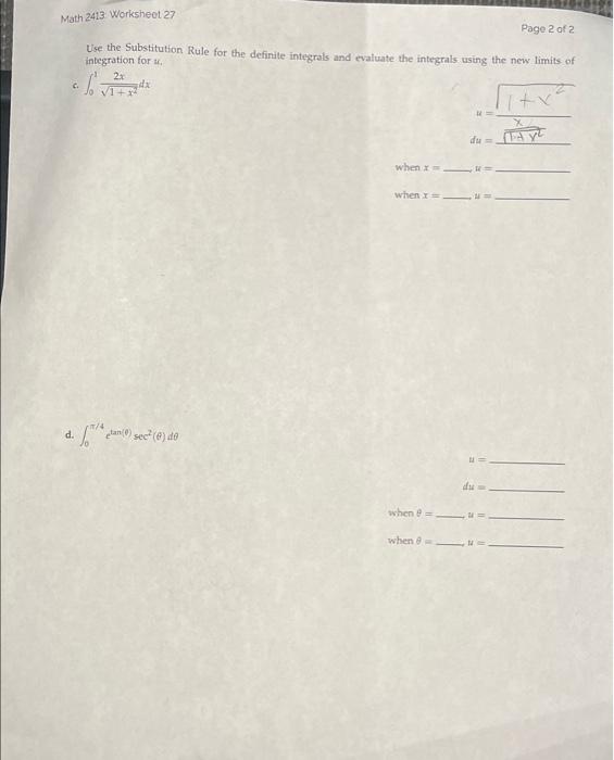 Solved Math 2413: Worksheet 27 Use the Substitution Rule for | Chegg.com