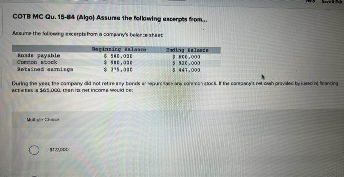Solved COTB MC Qu. 15-84 (Algo) Assume the following | Chegg.com