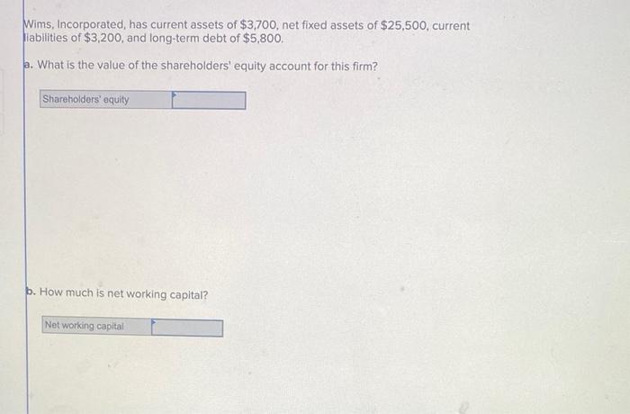 Solved Wims, Incorporated, has current assets of $3,700, net | Chegg.com