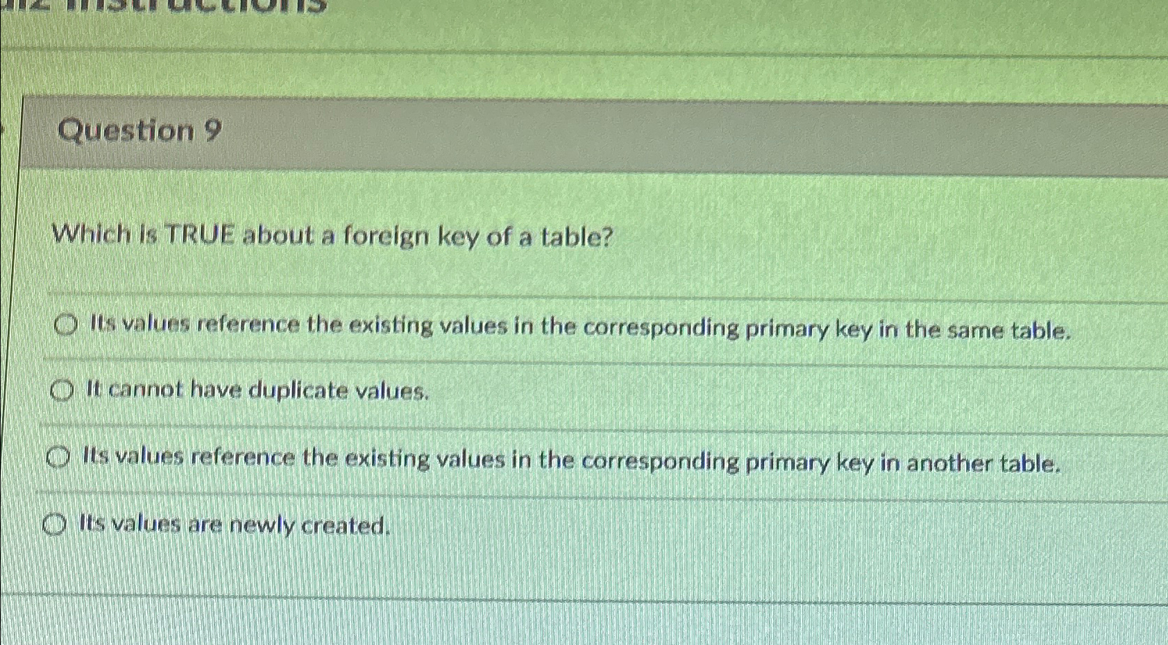 Solved Question 9Which is TRUE about a foreign key of a | Chegg.com