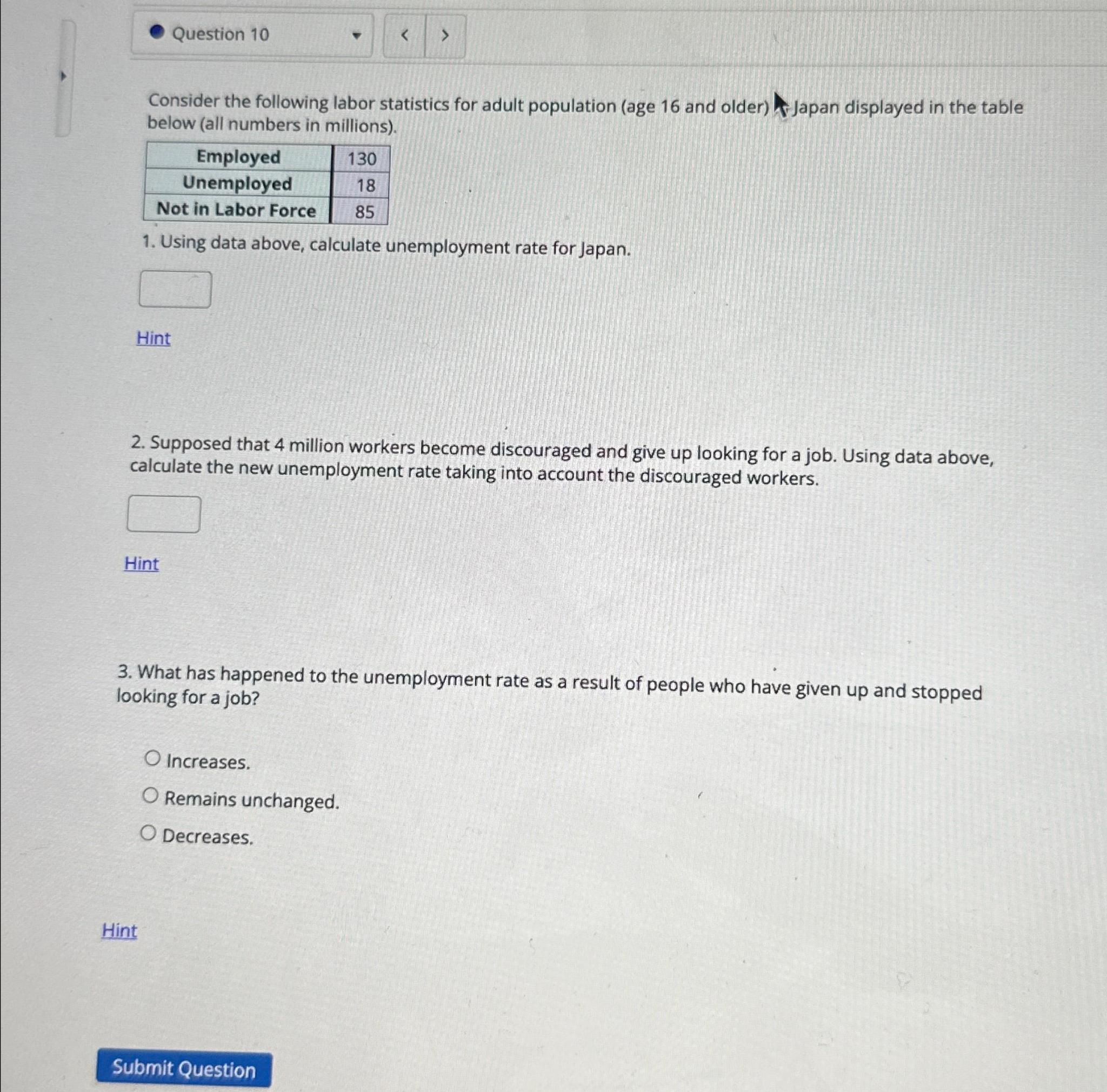Solved Question 10Consider the following labor statistics | Chegg.com