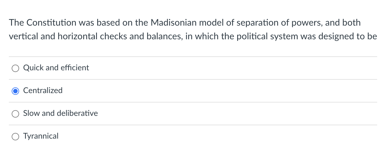 The Constitution was based on the Madisonian model of | Chegg.com