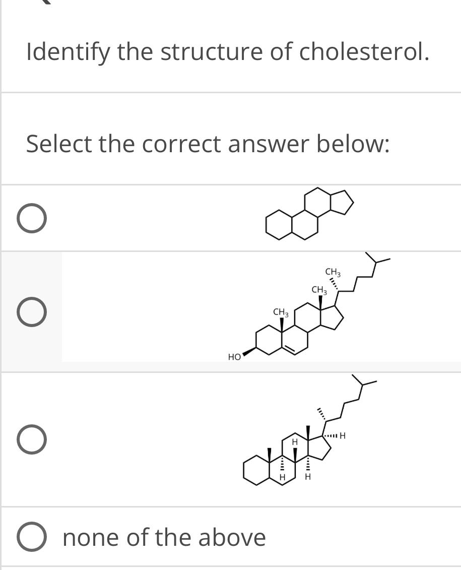 Solved Identify the structure of cholesterol.Select the | Chegg.com