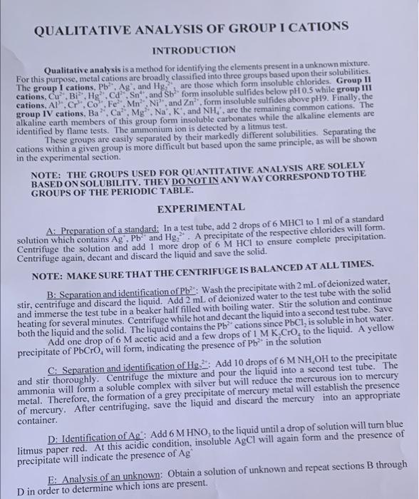 Solved Prelaboratory Assignment: Qualitative Analysis Group | Chegg.com