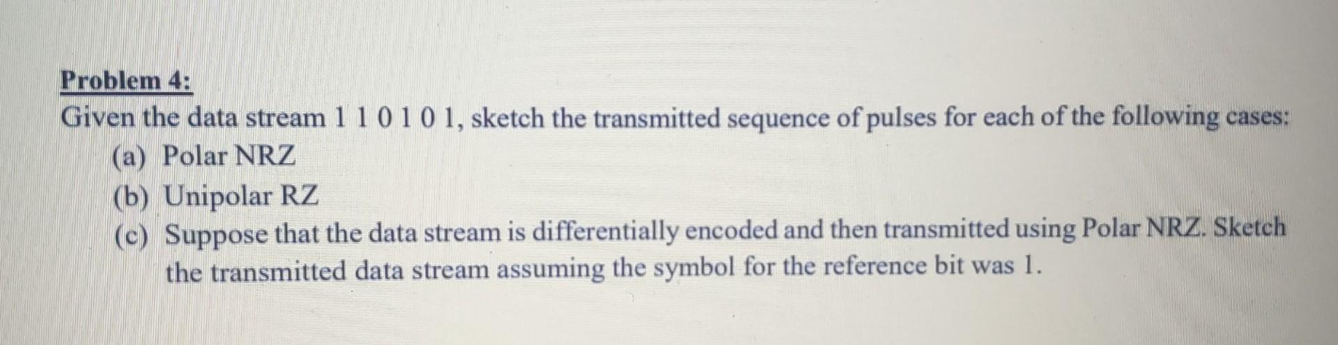 Solved Problem 4: Given the data stream 110101, sketch the | Chegg.com
