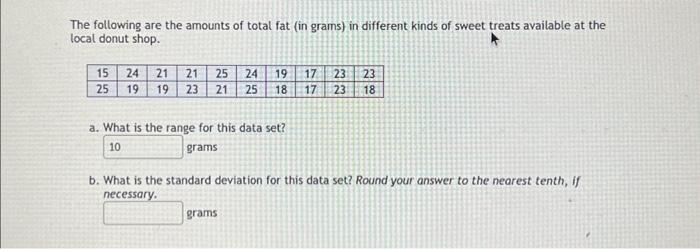 Solved The following are the amounts of total fat (in grams) | Chegg.com