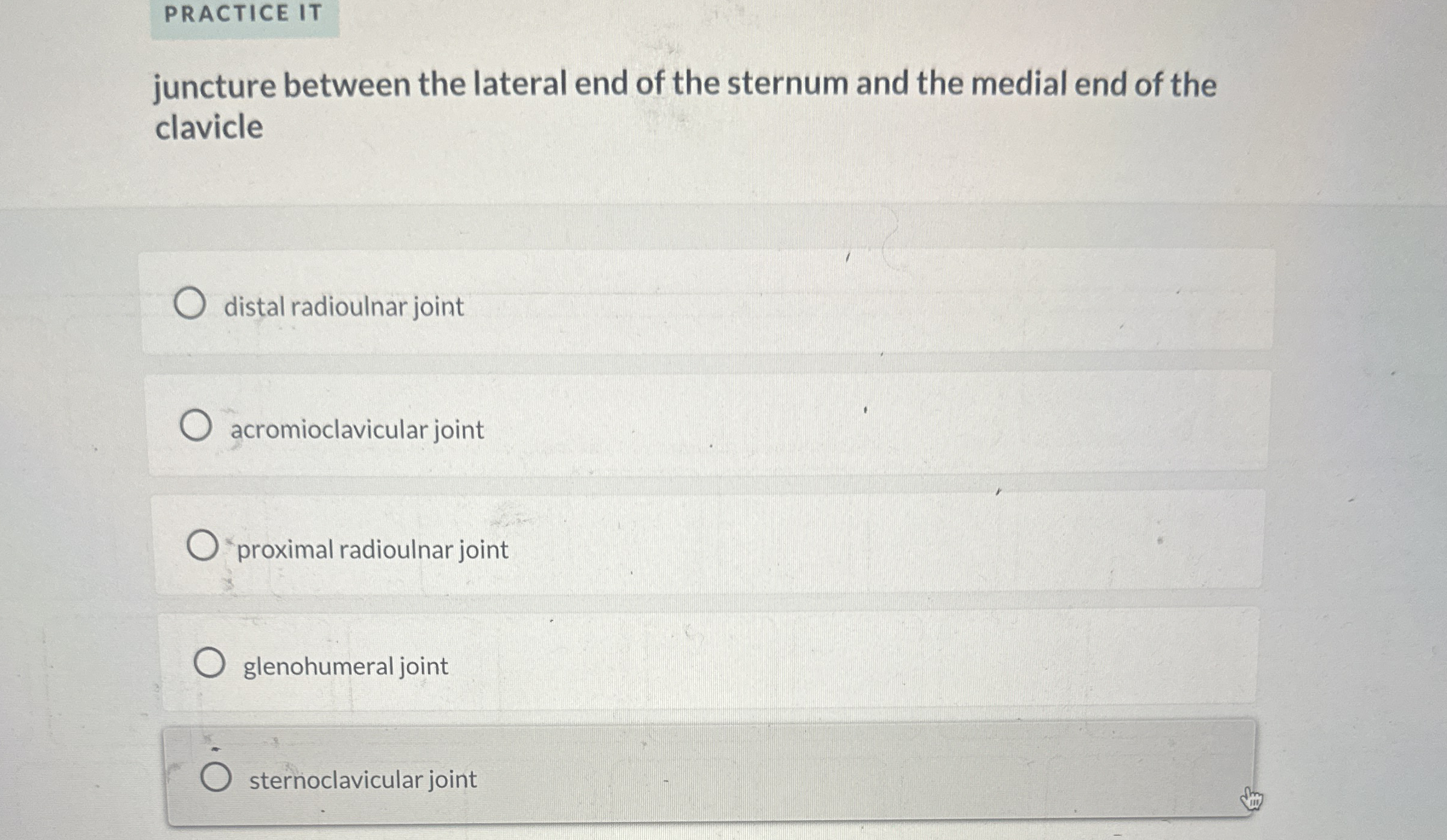 Solved juncture between the lateral end of the sternum and | Chegg.com