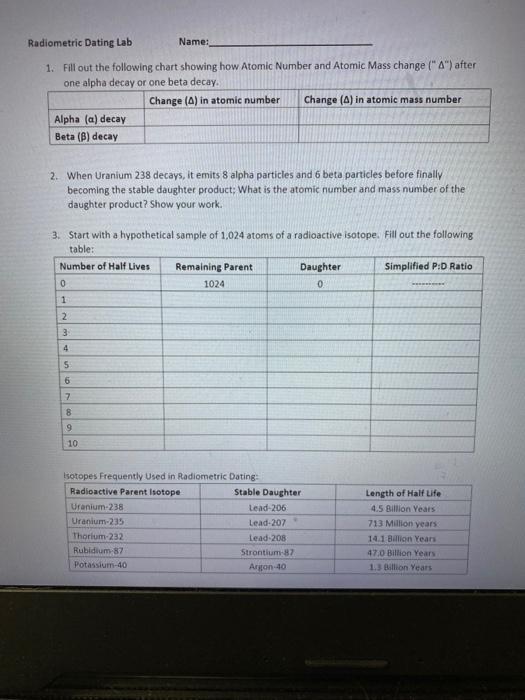 Solved Radiometric Dating Lab Name: 1. Fill out the | Chegg.com