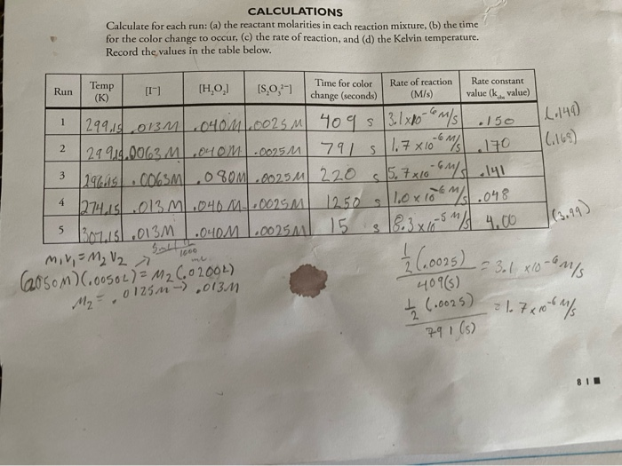 Solved CALCULATIONS Calculate for each run: (a) the reactant | Chegg.com