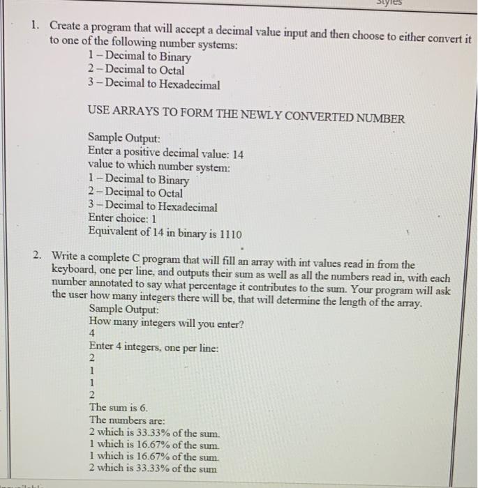 Solved 1. Create a program that will accept a decimal value | Chegg.com