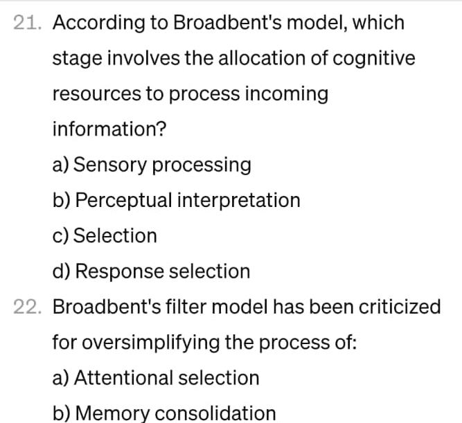 Solved According to Broadbent's model, which stage involves | Chegg.com