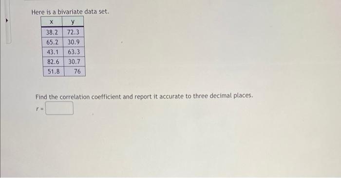 Solved Here is a bivariate data set. Find the correlation | Chegg.com