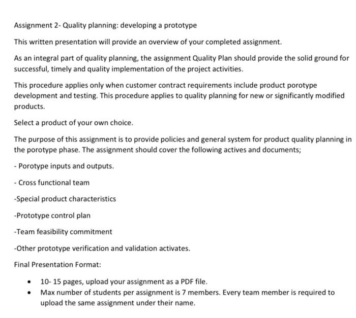 Solved Assignment 2- Quality planning developing a prototype | Chegg.com