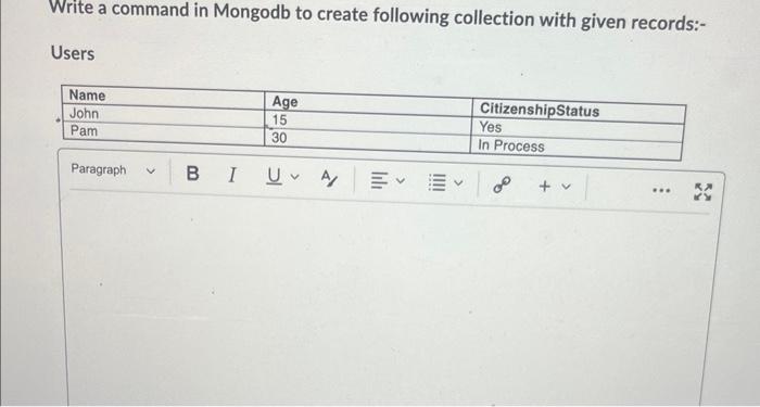Solved Write a command in Mongodb to create following | Chegg.com