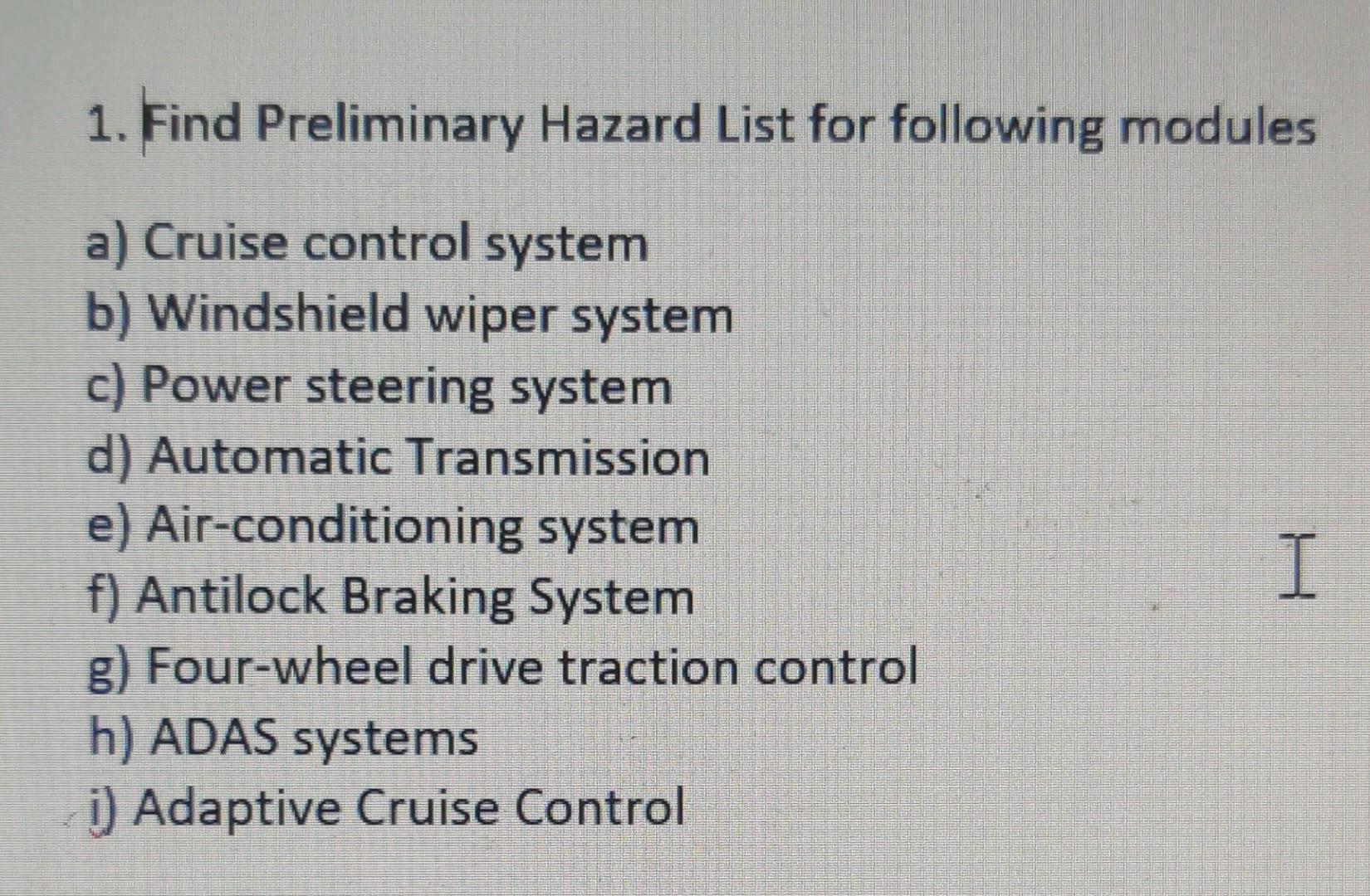 Solved 1. Find Preliminary Hazard List for following modules | Chegg.com
