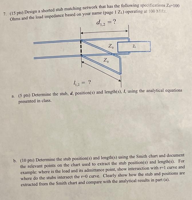 Solved 7. (15pts) Design a shorted stub matching network | Chegg.com