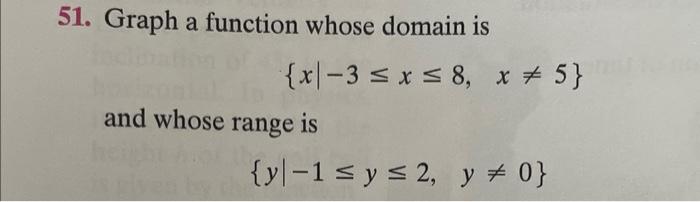 Solved 51. Graph a function whose domain is {x∣−3≤x≤8,x =5} | Chegg.com