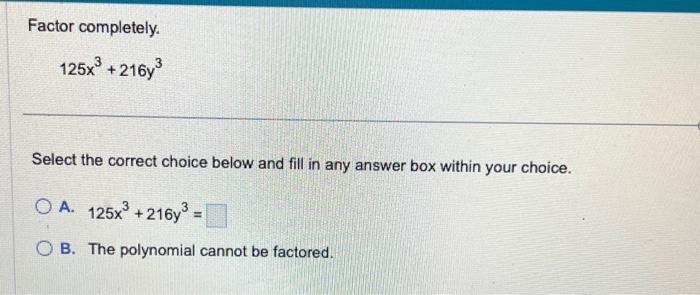 Solved Factor the polynomial. 8x3−27 Select the correct | Chegg.com