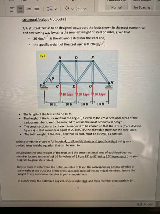 (Solved) : Normal Spacing Structural Analysis Protocol 2 Pratt Steel ...