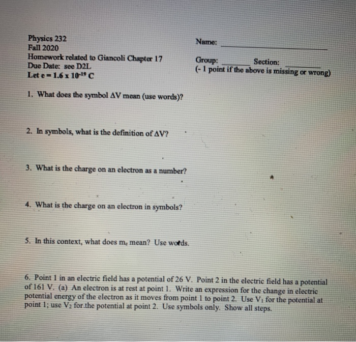 Solved Name: Physics 232 Fall 2020 Homework related to | Chegg.com