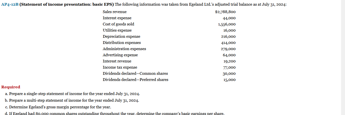 Solved AP4-12B (Statement of income presentation: basic EPS) | Chegg.com