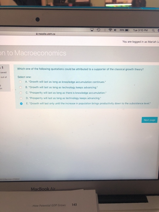 Solved 89% Tue 3:10 PM moodle.uleth.ca You are logged in as | Chegg.com