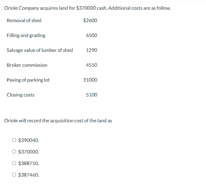 Solved Oriole Company acquires land for $370000 ﻿cash. | Chegg.com