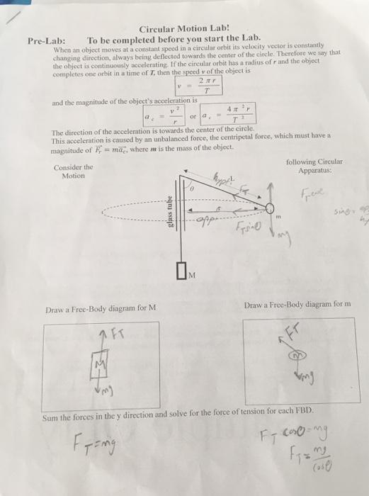 Solved Circular Motion Lab! Pre-Lab: To be completed before | Chegg.com