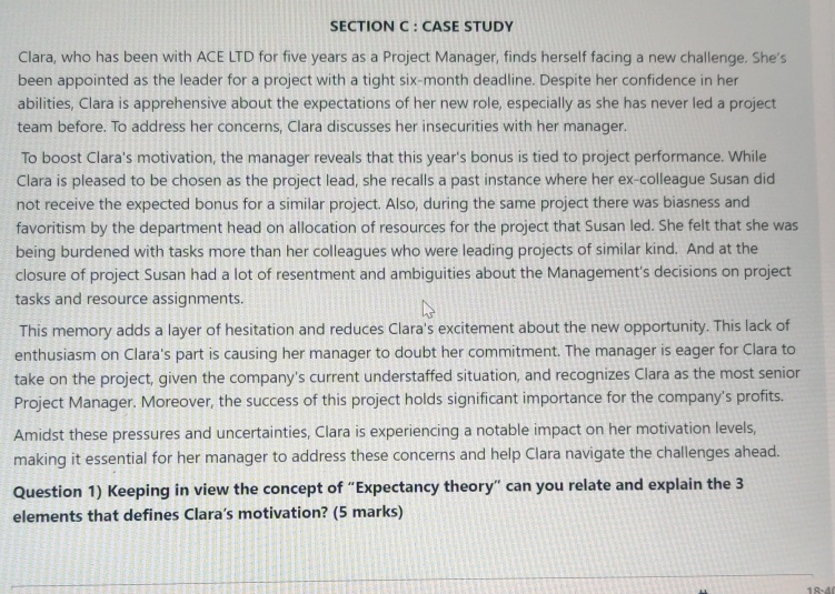 Solved SECTION C : CASE STUDYClara, who has been with ACE | Chegg.com