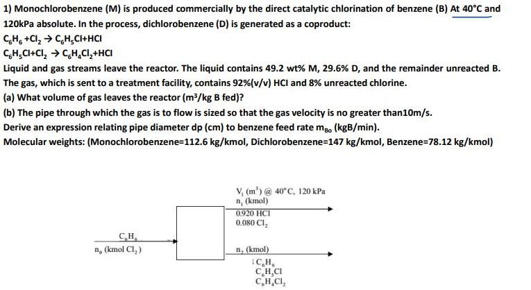 Solved 1) Monochlorobenzene (M) is produced commercially by | Chegg.com