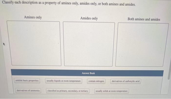 Solved Classify each description as a property of amines | Chegg.com