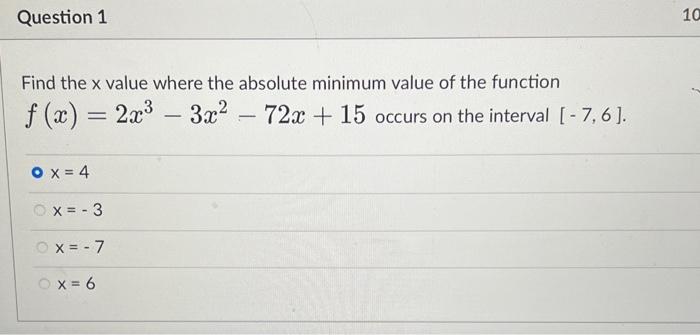 Solved Find the x value where the absolute minimum value of | Chegg.com