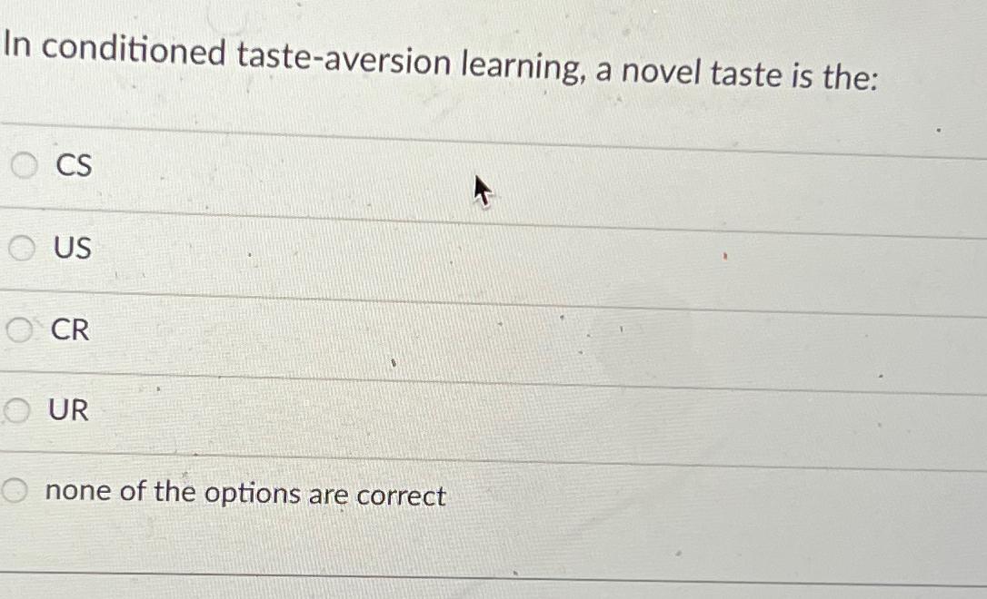 Solved In conditioned taste-aversion learning, a novel taste | Chegg.com