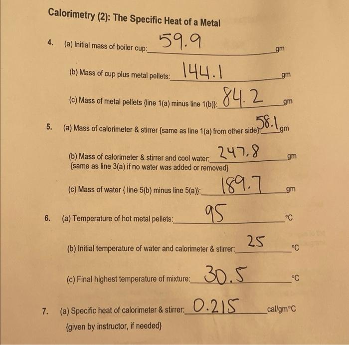 Solved Calorimetry (2): The Specific Heat of a Metal 4. (a) | Chegg.com