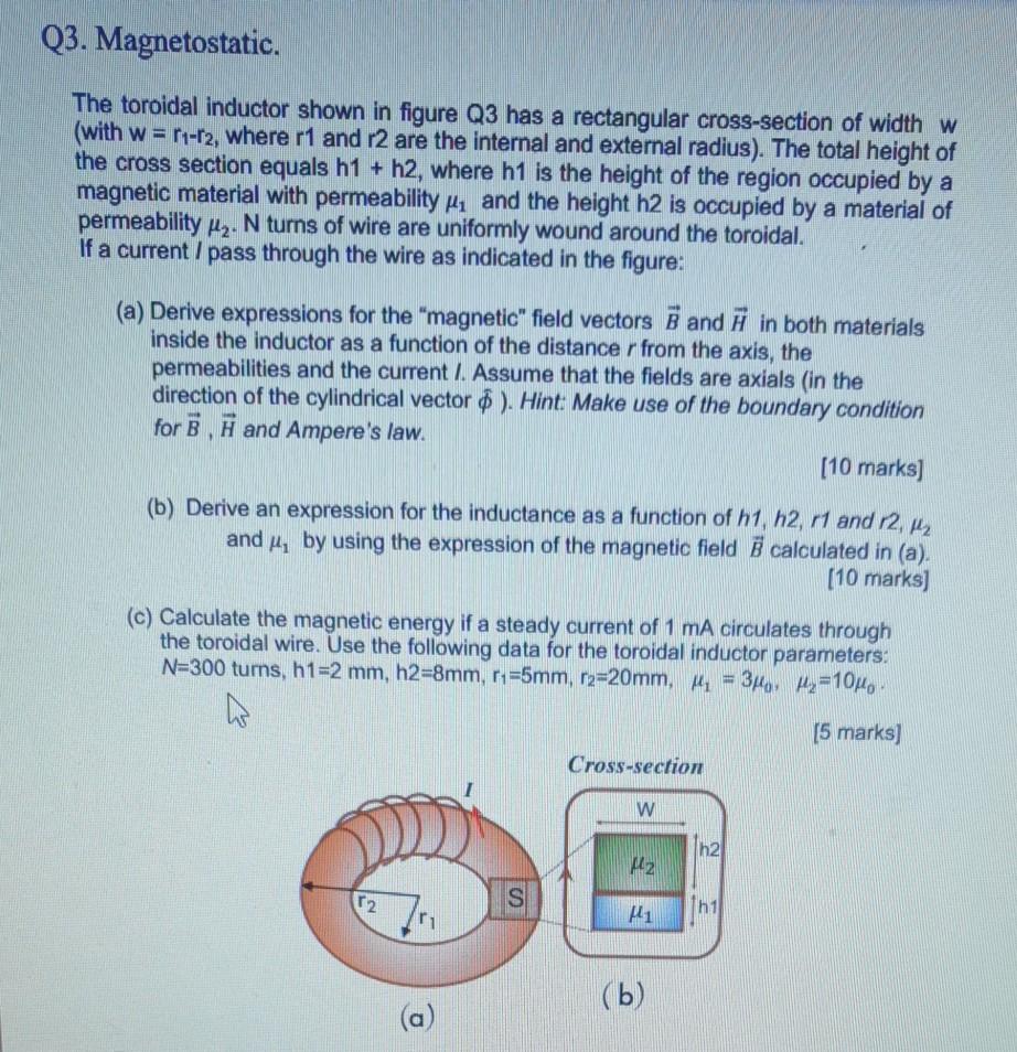 Solved Q3. Magnetostatic. The toroidal inductor shown in | Chegg.com