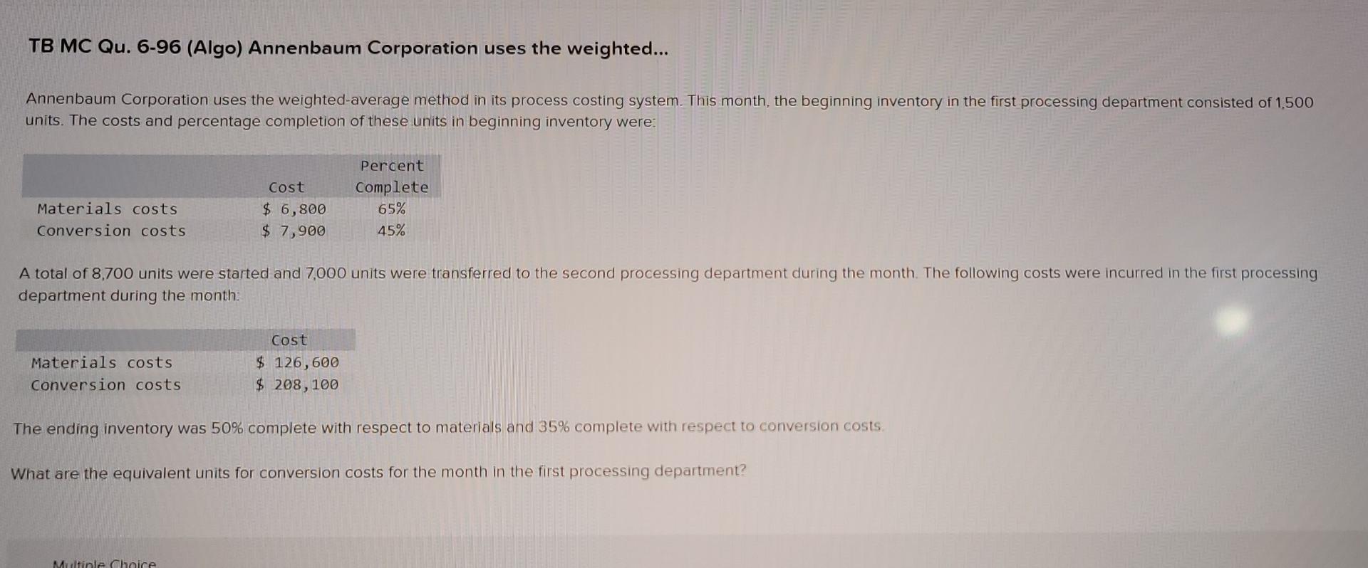 Solved TB MC Qu. 6-96 (Algo) Annenbaum Corporation uses the | Chegg.com Solved TB MC Qu. 6-96 (Algo) Annenbaum Corporation uses the | Chegg.com