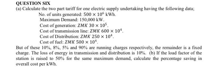 Solved QUESTION SIX (a) Calculate the two part tariff for | Chegg.com