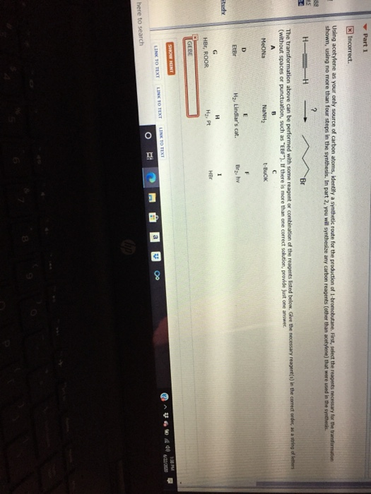 Solved Part 1 x Incorrect. Using acetylene as your only | Chegg.com