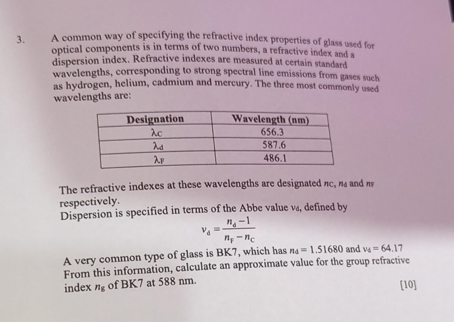 Solved A common way of specifying the refractive index | Chegg.com