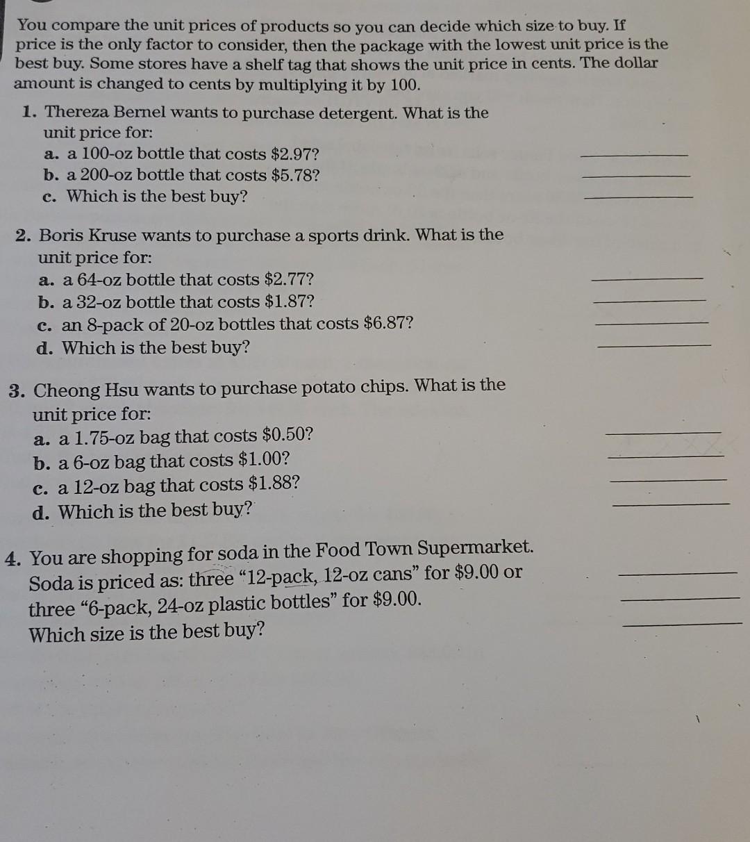 Solved You compare the unit prices of products so you can | Chegg.com