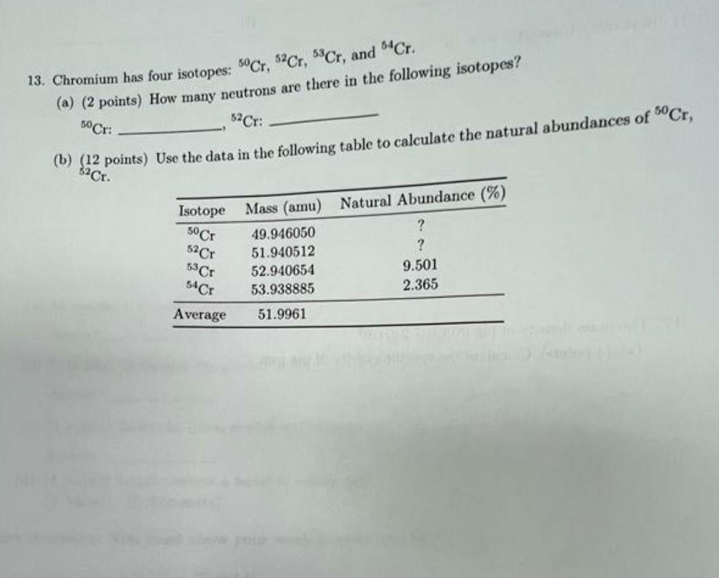 Solved 13. Chromium has four isotopes: 5°Cr, “Cr, 53Cr, and | Chegg.com