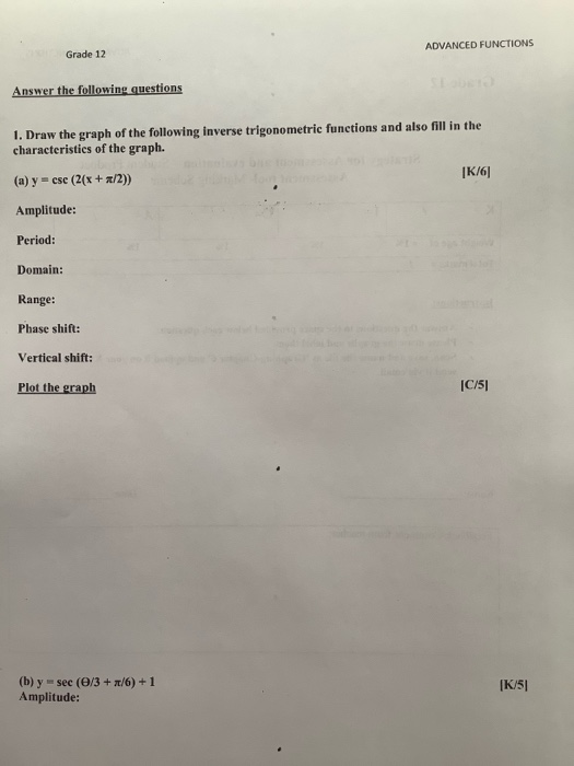 Solved ADVANCED FUNCTIONS Grade 12 Answer the following | Chegg.com