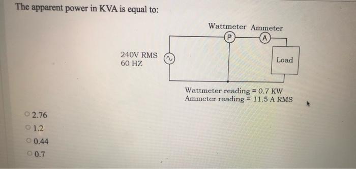 Solved The apparent power in KVA is equal to: Wattmeter | Chegg.com
