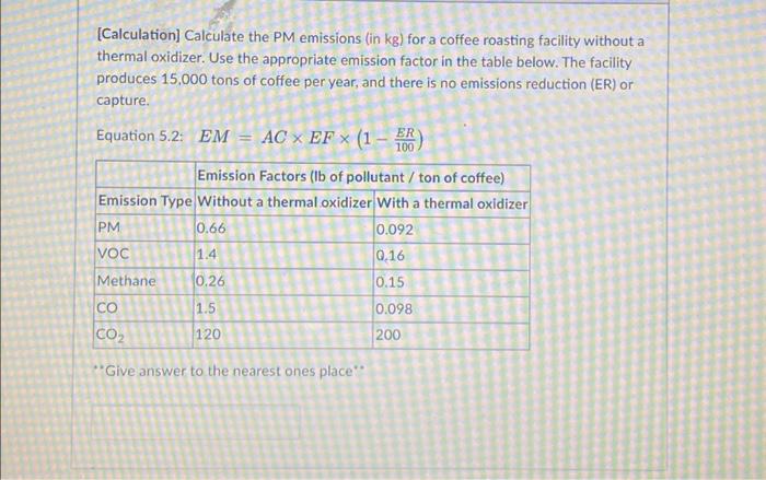 [Solved]: [Calculation] Calculate the PM emissions (in kg )