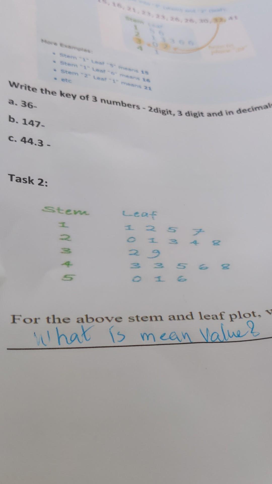 Solved Task 2: Stem 2345 Leaf 1 0 25 1 348 29 3 568 For | Chegg.com