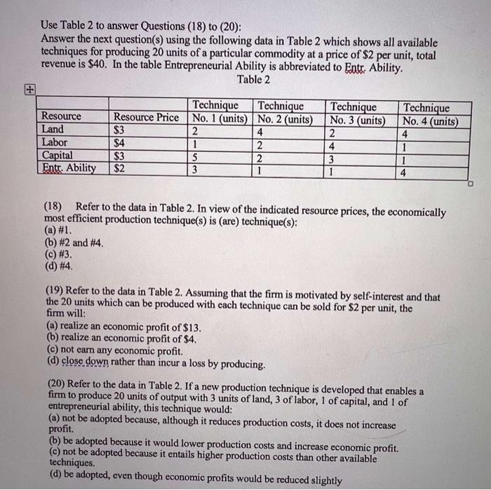 Solved Use Table 2 to answer Questions (18) to (20): Answer | Chegg.com