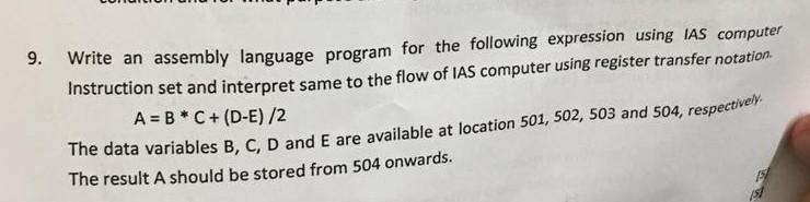 Solved 9. Write an assembly language program for the | Chegg.com